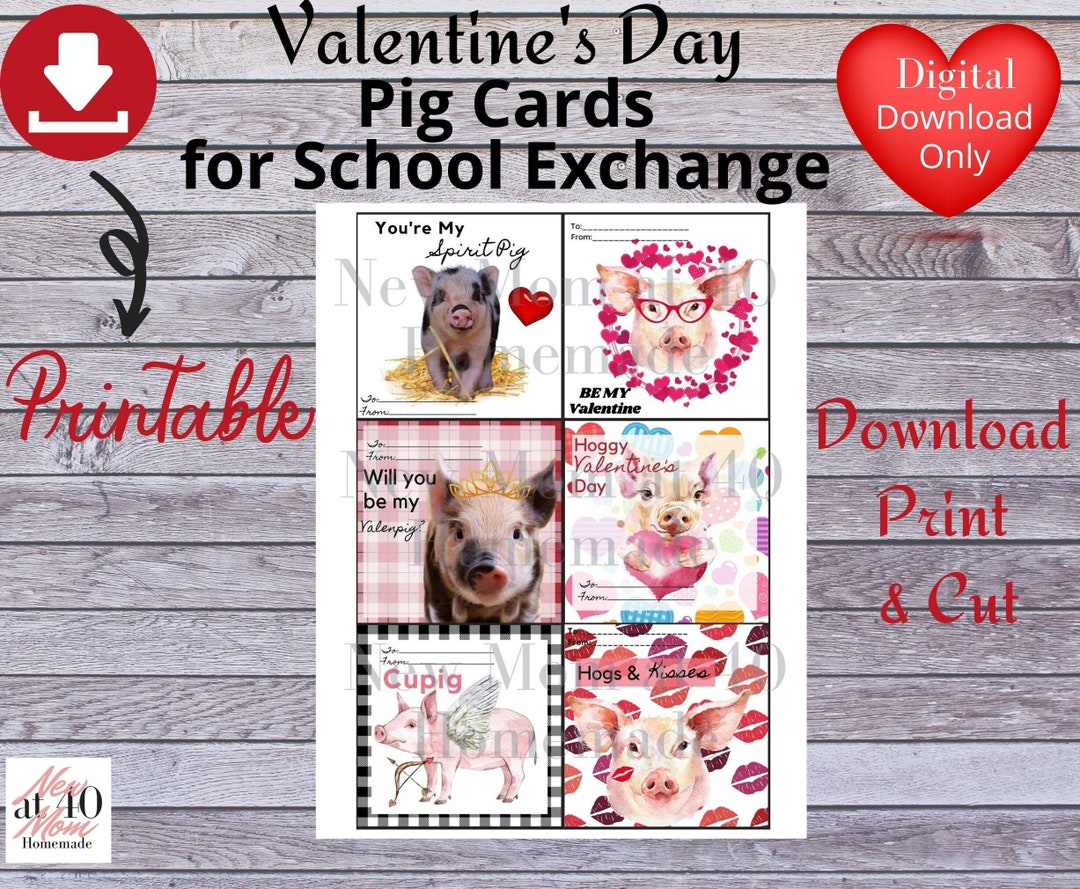 Pig Valentine Card, Digital Download, Pig Valentine Printable, Kids Pig ...