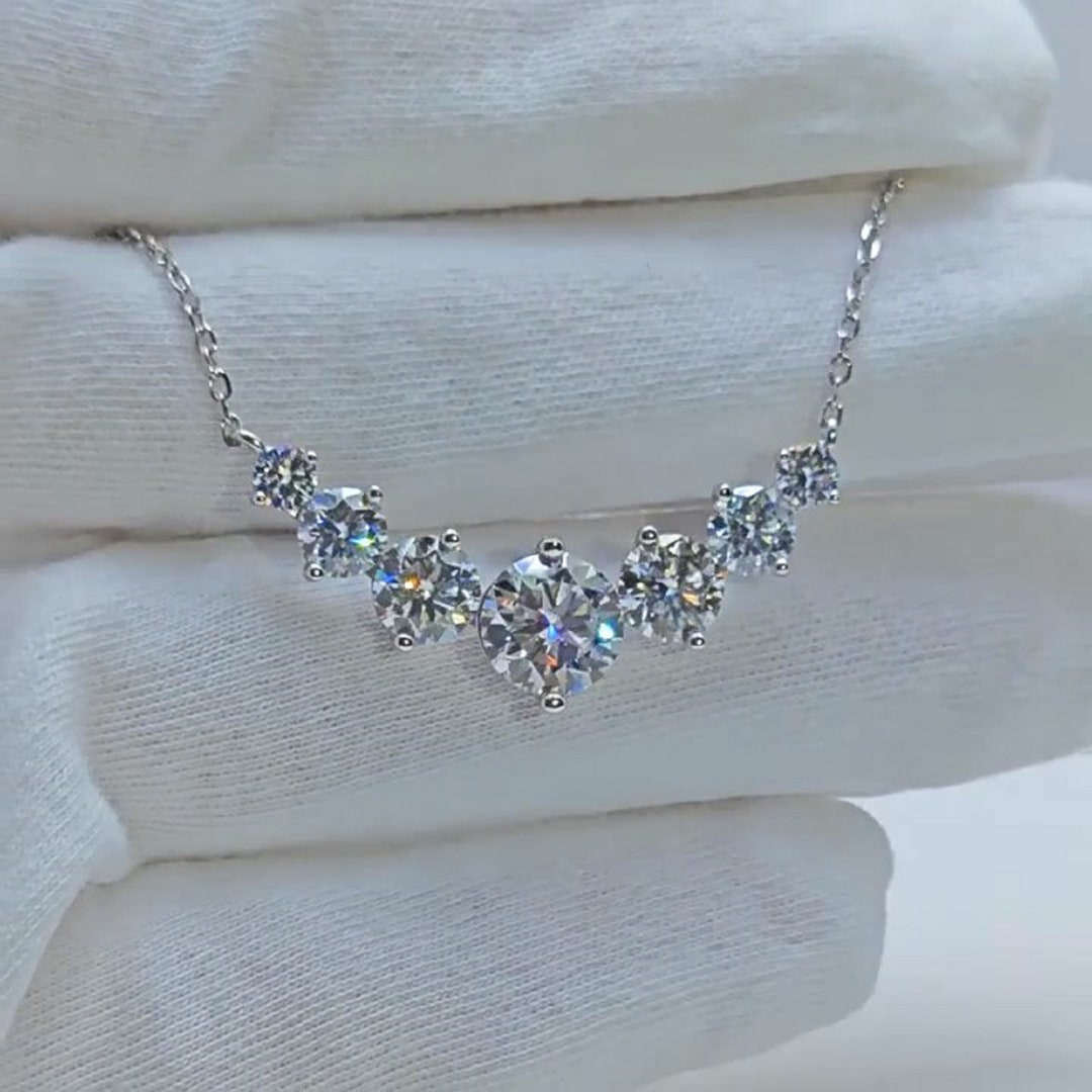 7 Stone Moissanite Necklace: Sterling Silver Floating Diamond Pendant ...