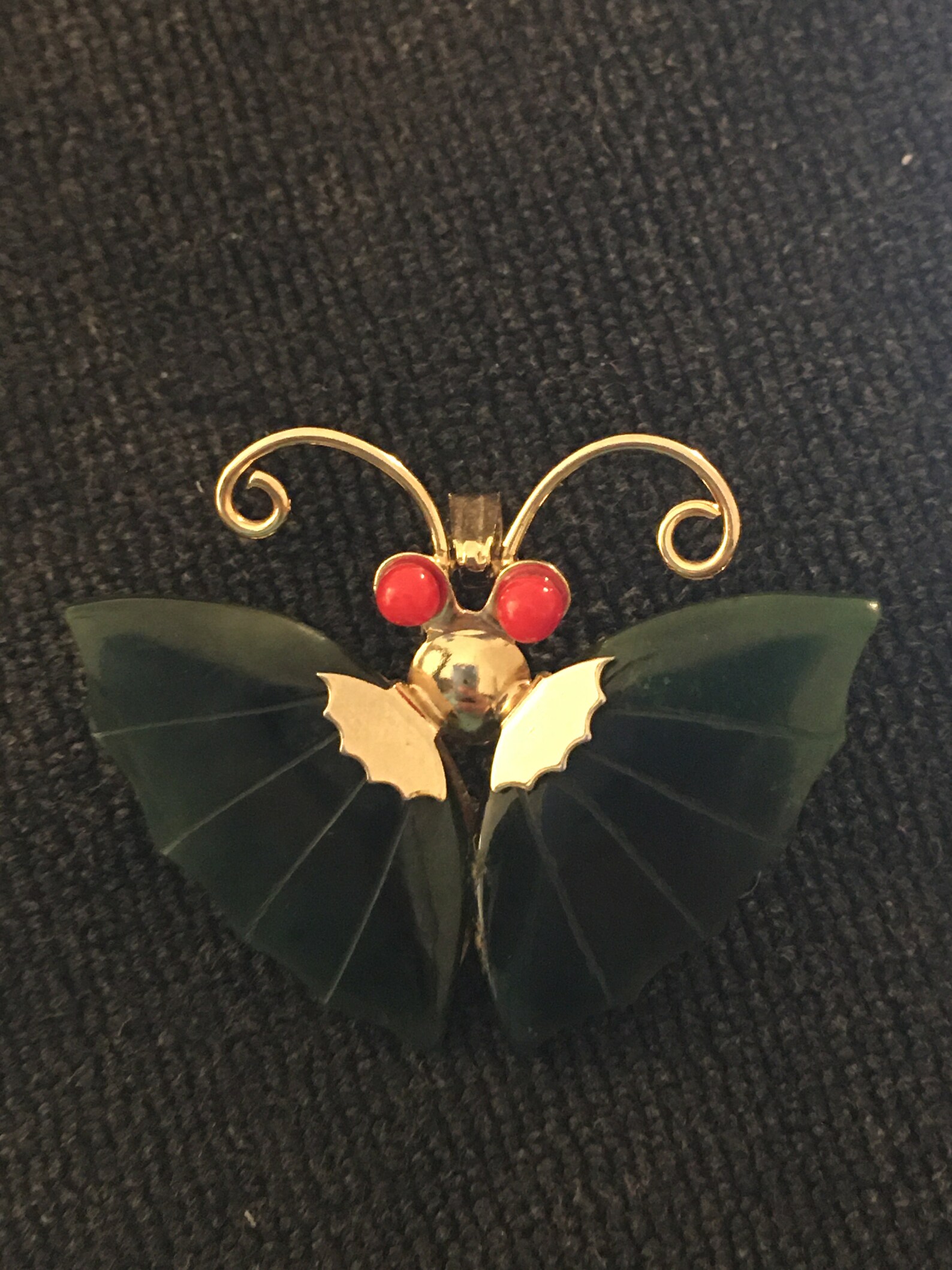 Vintage Green Jade Stone Butterfly Pin/brooch/pendant Red Coral Eyes ...