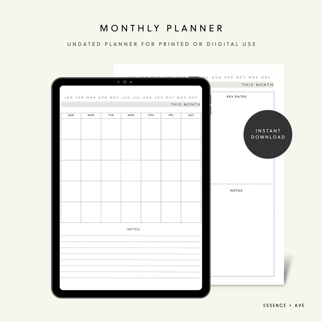 Monthly Planner Printable Digital Planner,undated Monthly Planner ...