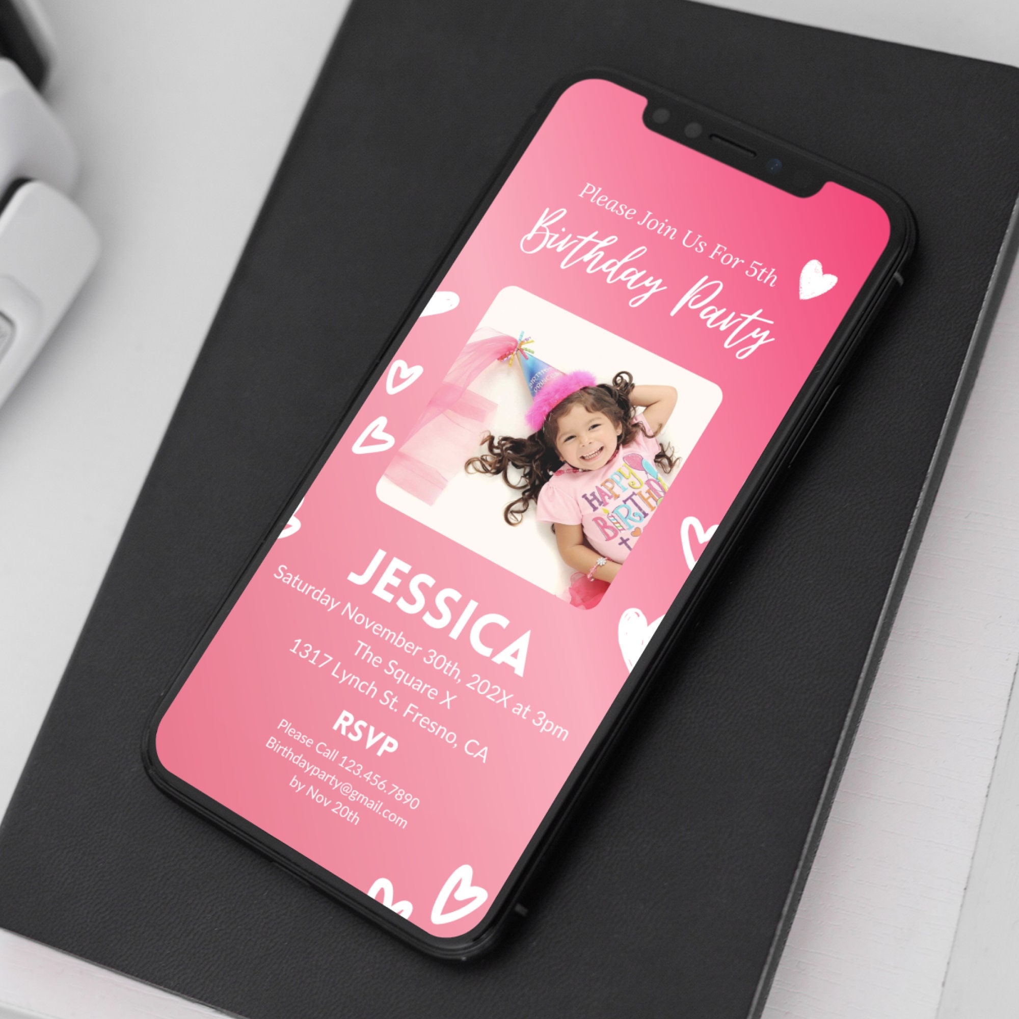 Editable Girl Birthday Mobile Invitation | Cute Hearts Pink Invite ...