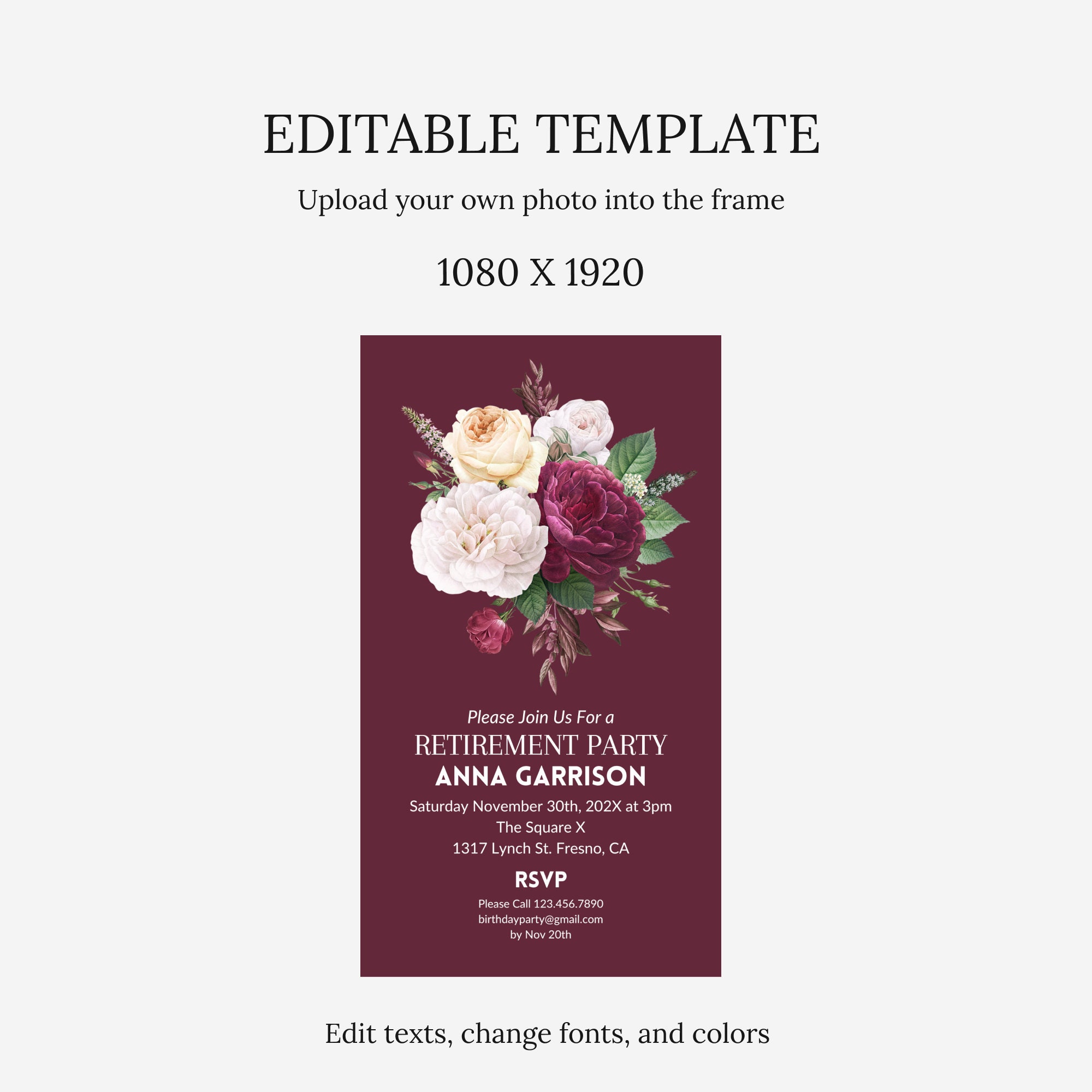 Editable Burgundy Flower Retirement Party Invitation for Woman | Custom ...