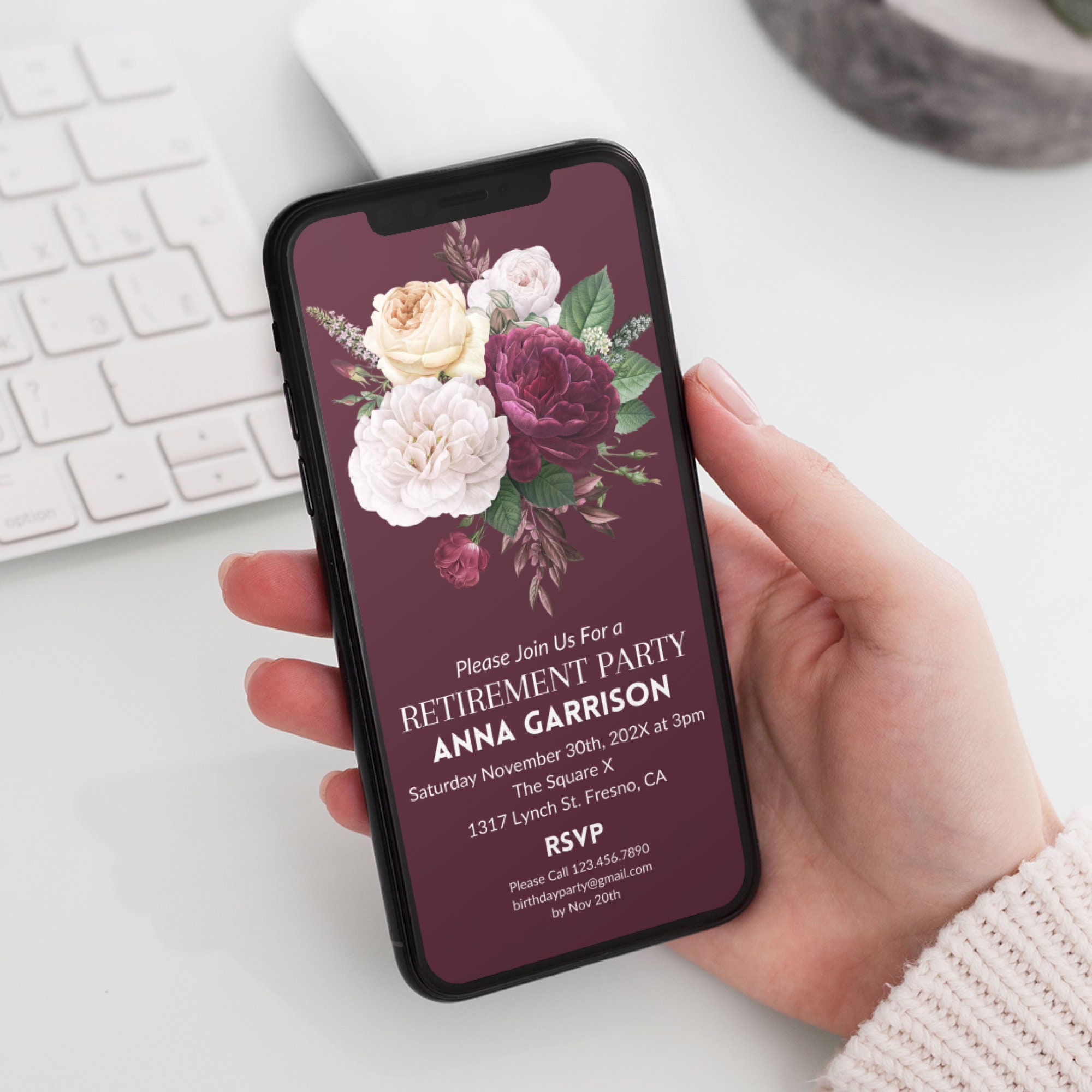 Editable Burgundy Flower Retirement Party Invitation for Woman | Custom ...