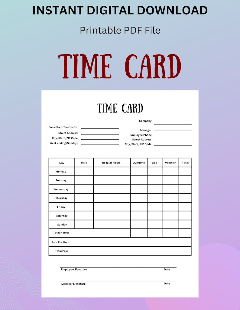 Employee Time Card Editable PDF File, Time and Attendance Tracking ...