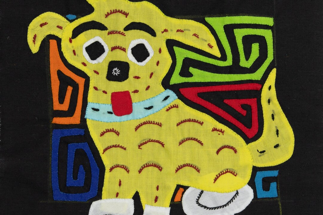 Yellow Puppy Dog Panama Molita, Handcrafted Mini Mola, Fabric Kuna Art ...