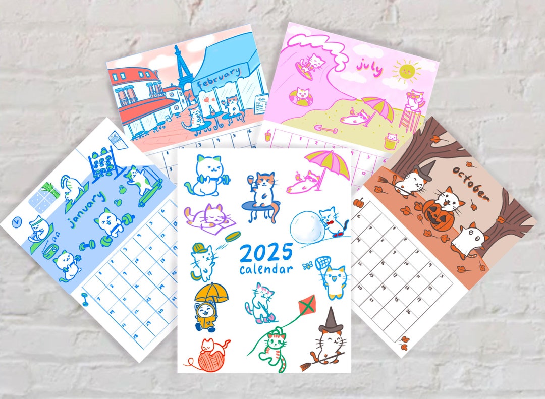 Printable Cute Cat Calendar 2025, Cat Calendar Template, 12 Months ...