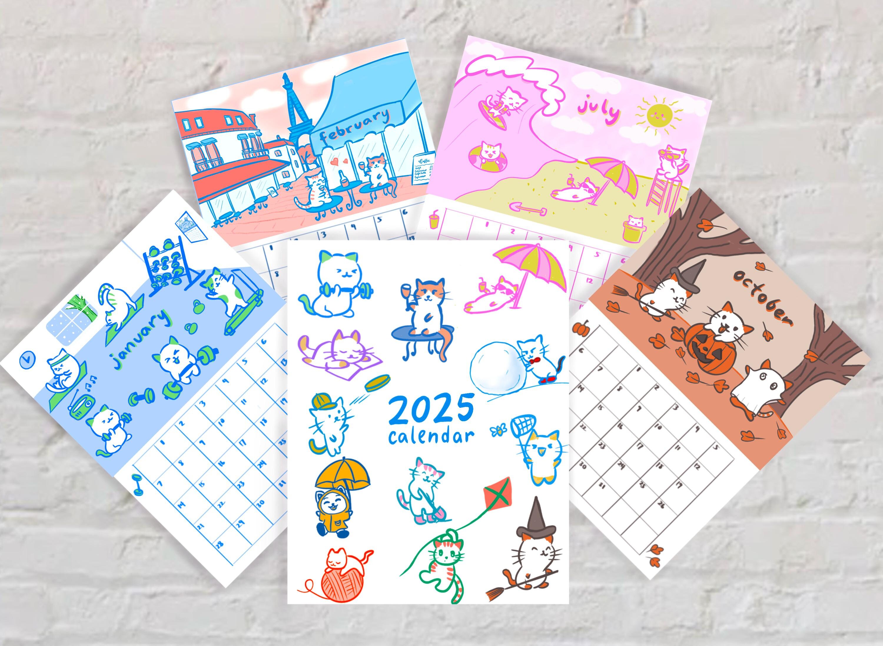 Printable Cute Cat Calendar 2025, Cat Calendar Template, 12 Months ...