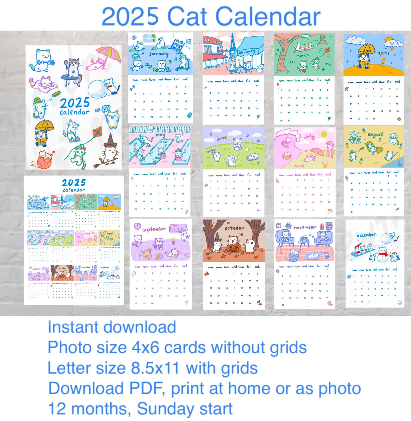 Printable Cute Cat Calendar 2025, Cat Calendar Template, 12 Months ...