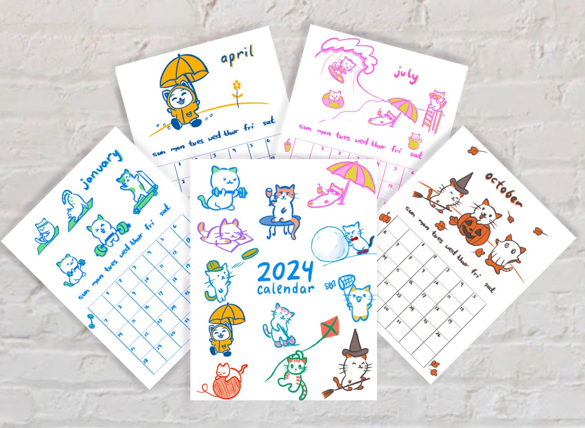 Printable Cute Cat Calendar 2024, Cat Calendar Template, 12 Months ...