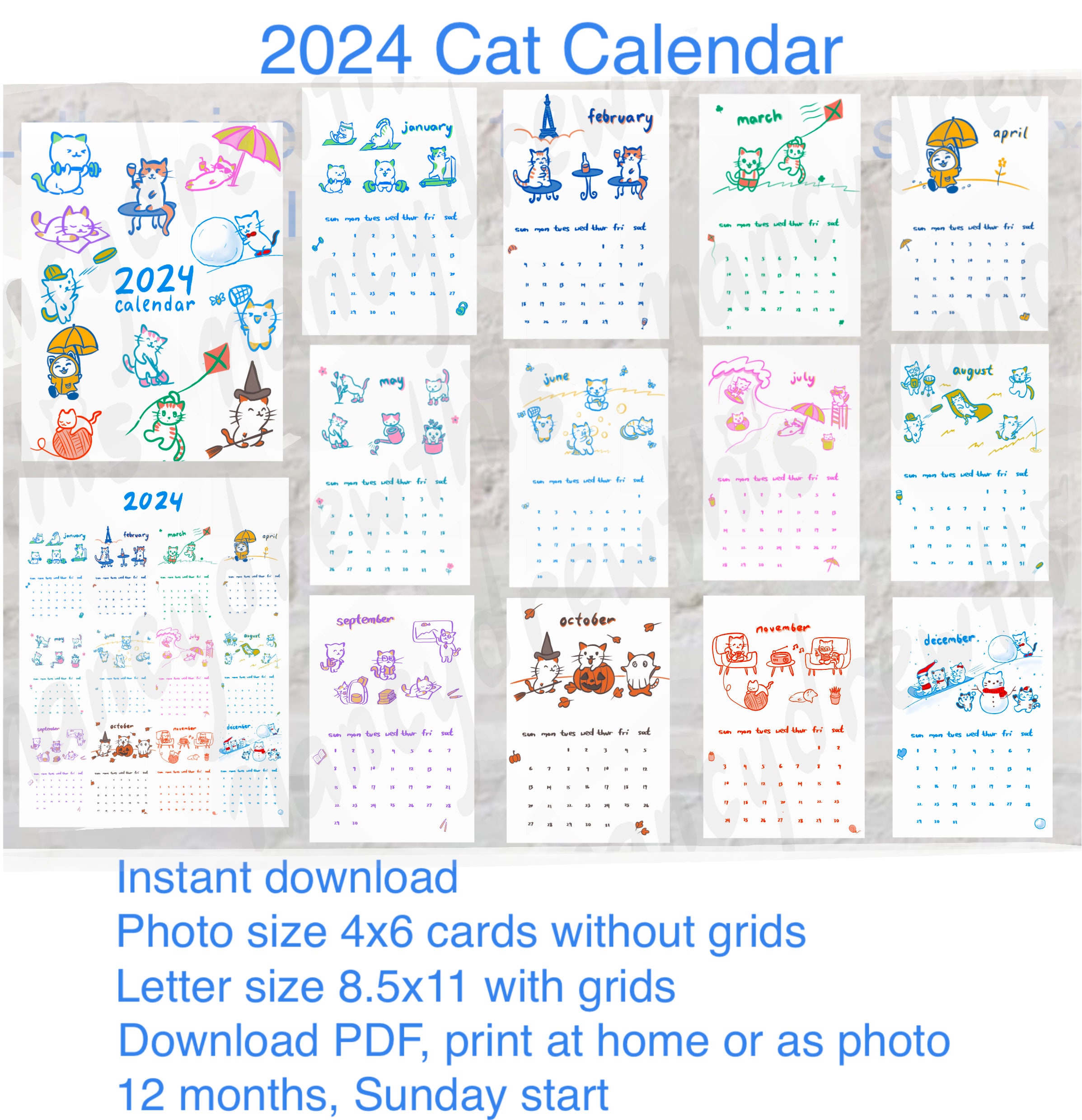 Printable Cute Cat Calendar 2024, Cat Calendar Template, 12 Months ...