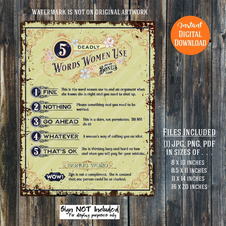 5 Deadly Terms | Words Used by Women | Vintage Sign Art | Sublimation ...