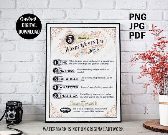 5 Deadly Terms Words Used by Women Vintage Sign Art | Etsy