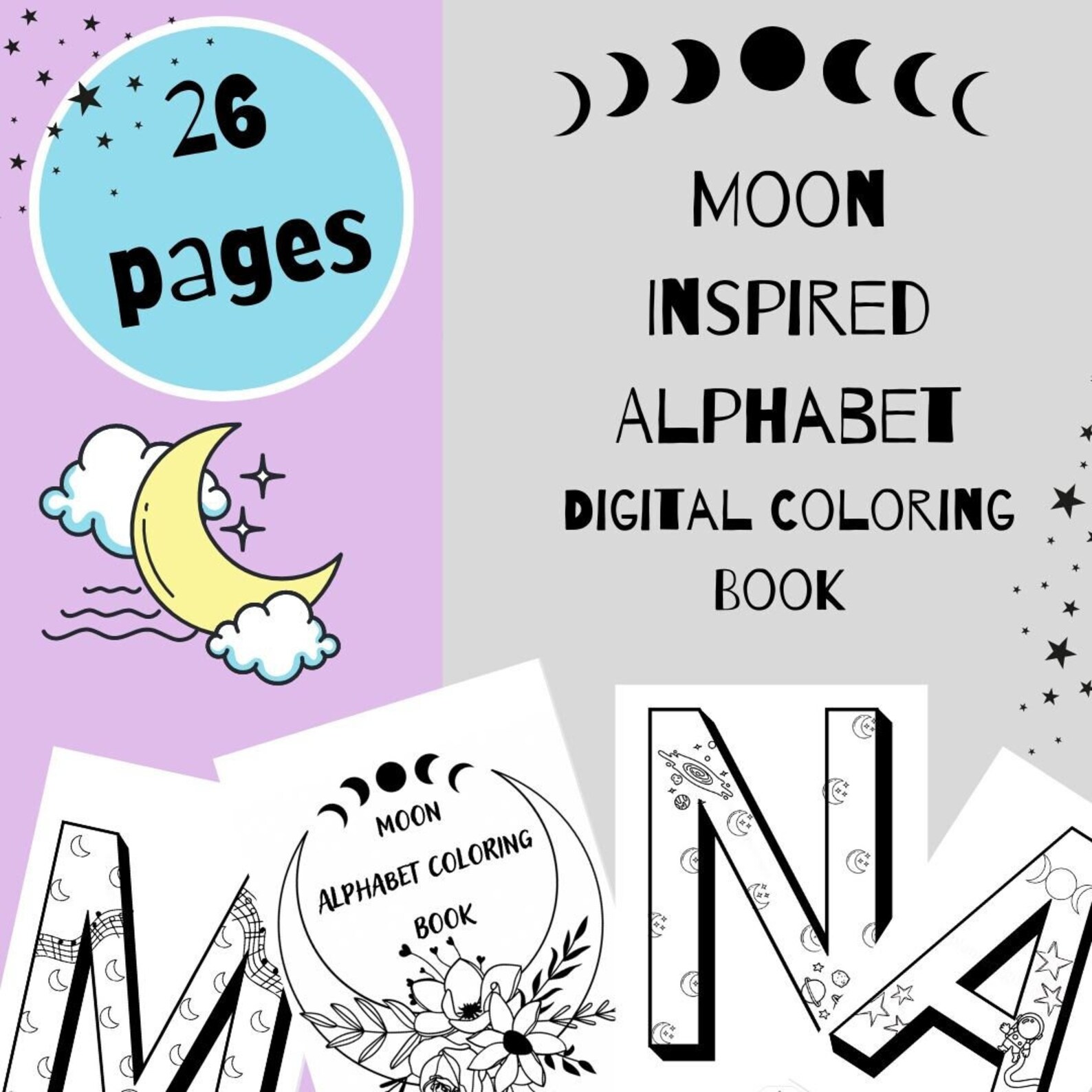 Moon Inspired Alphabet Digital Coloring Book - Etsy