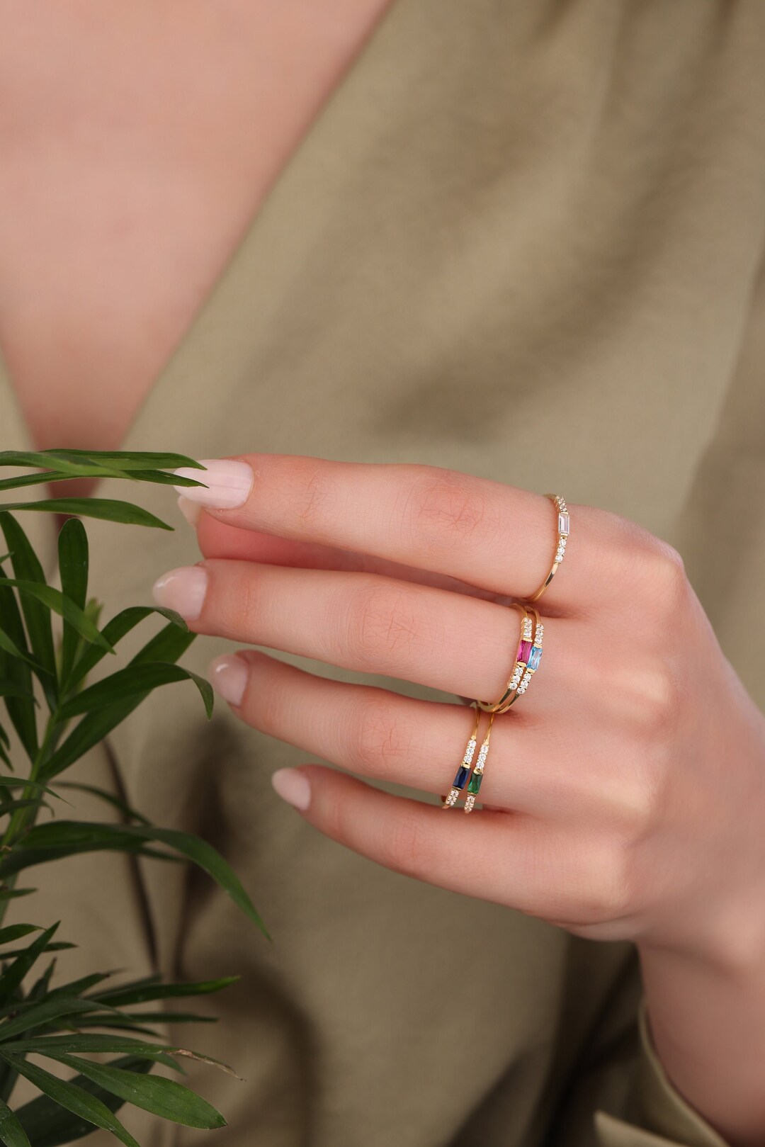 14k Solid Gold Radiant Cut Cluster Ring - Dainty Gold Ring ...