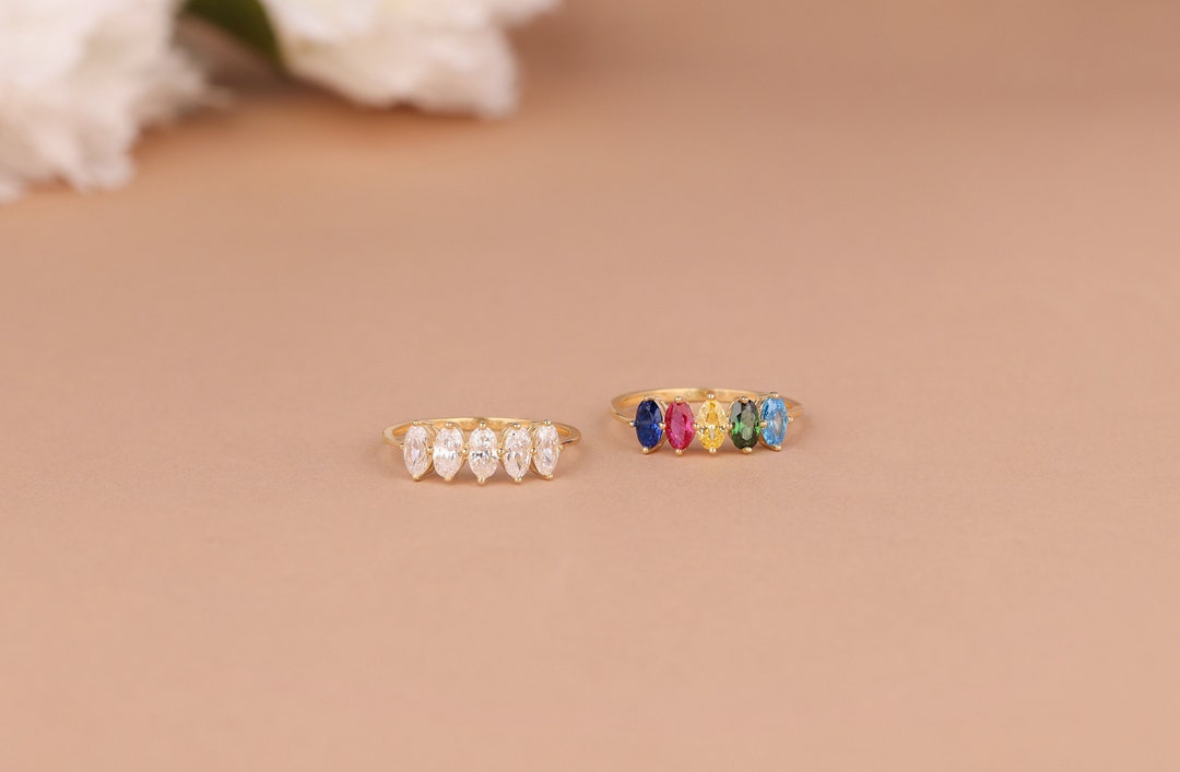 14k Solid Gold Oval Five Stone Ring - Dainty Gold Ring - Anniversary Gold Ring - Stacking Ring ...