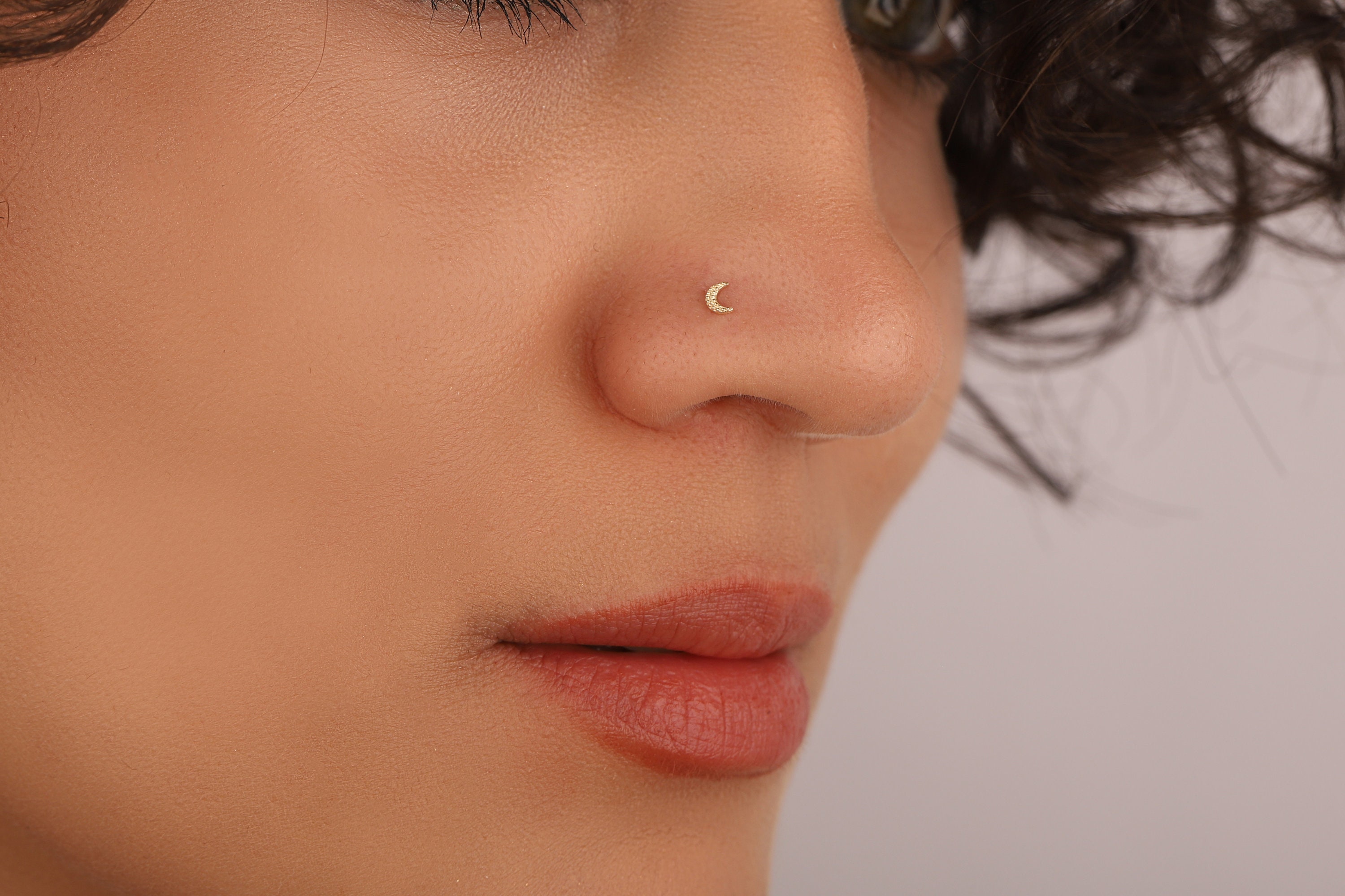 14K Solid Gold Moon Nose Stud Nose Piercing Nostril - Etsy