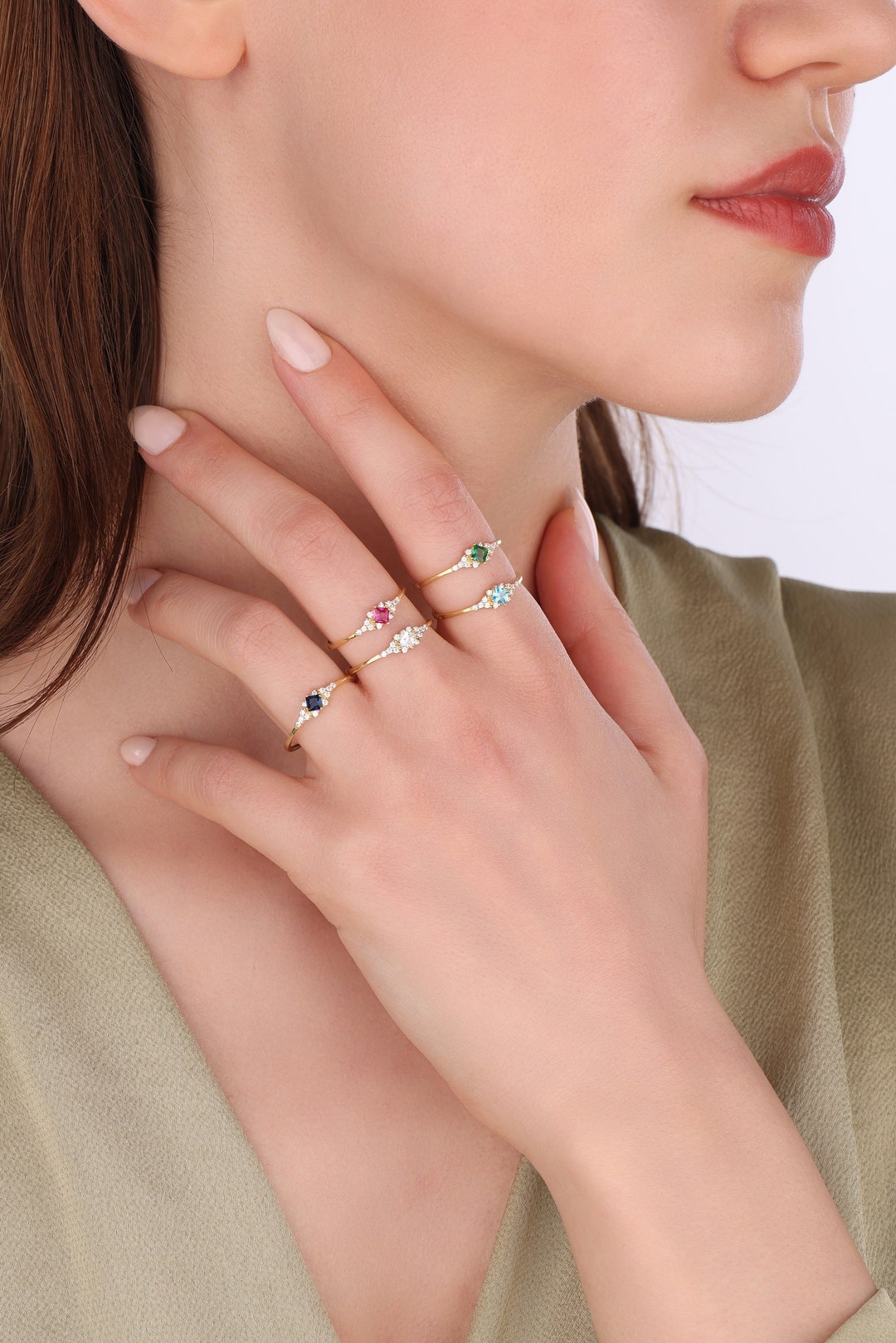 14k Solid Gold Princess Cut Cluster Ring - Dainty Gold Ring ...