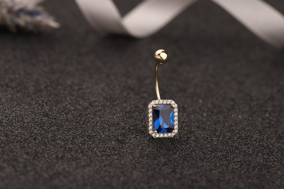 14K Solid Gold Sapphire & CZ Belly Button Rings 925K Silver Piercing ...