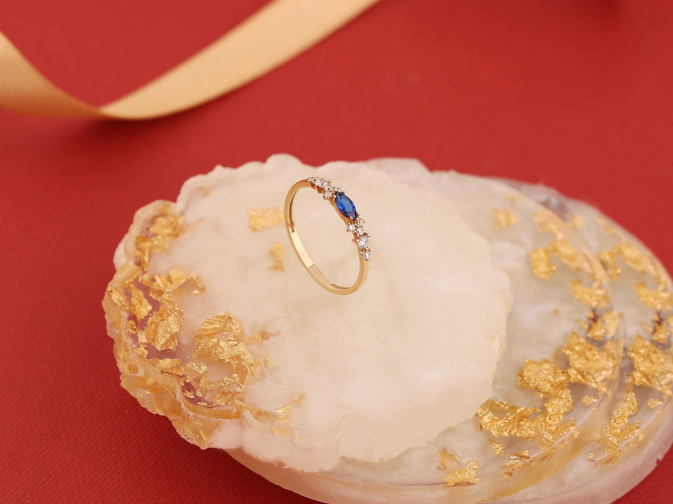 14k Solid Gold Minimalist Sapphire Marquise Ring Dainty Gold - Etsy