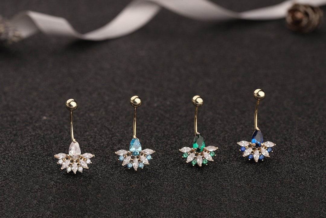14K Solid Gold CZ Flower Belly Piercing 925 Sterling Silver Piercing ...