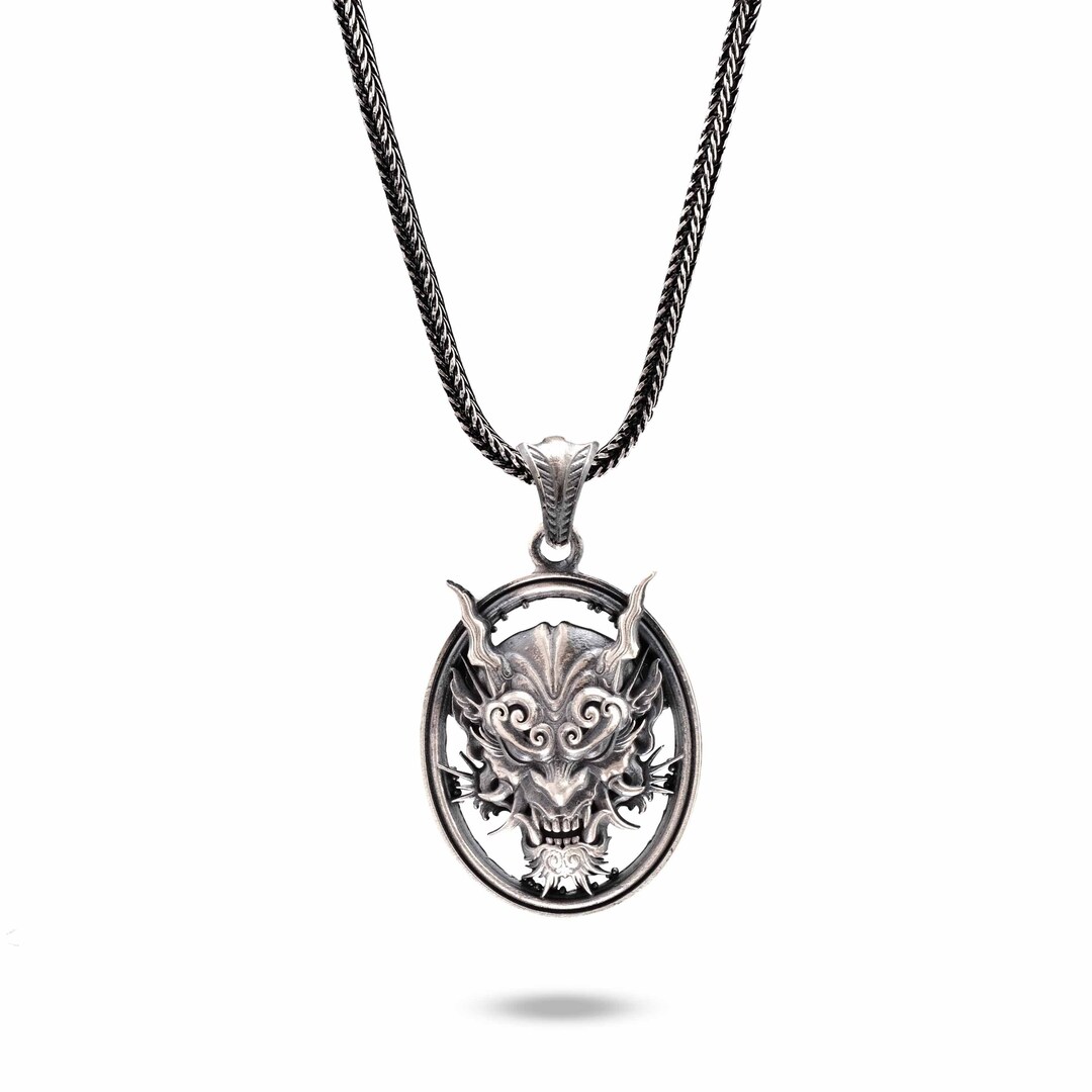 Oni Mask Handmade Sterling Silver Charm Necklace - Oni Mask Pendant ...