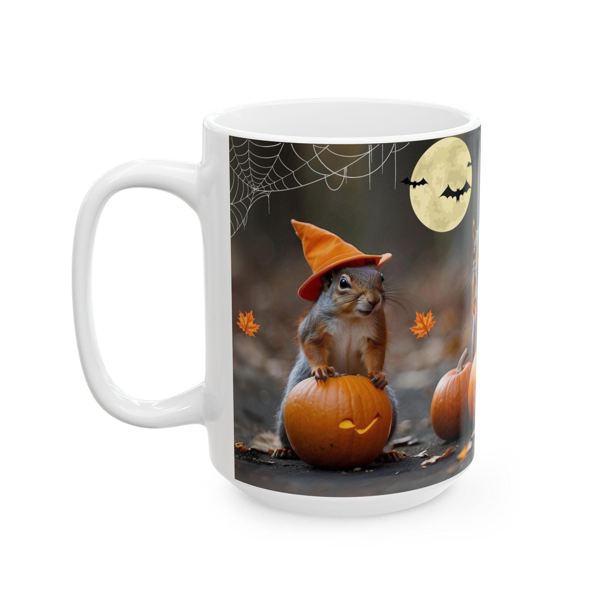 Halloween Ceramic Mug, Cute Happy Smiling Squirrels Pumpkin Carving ...