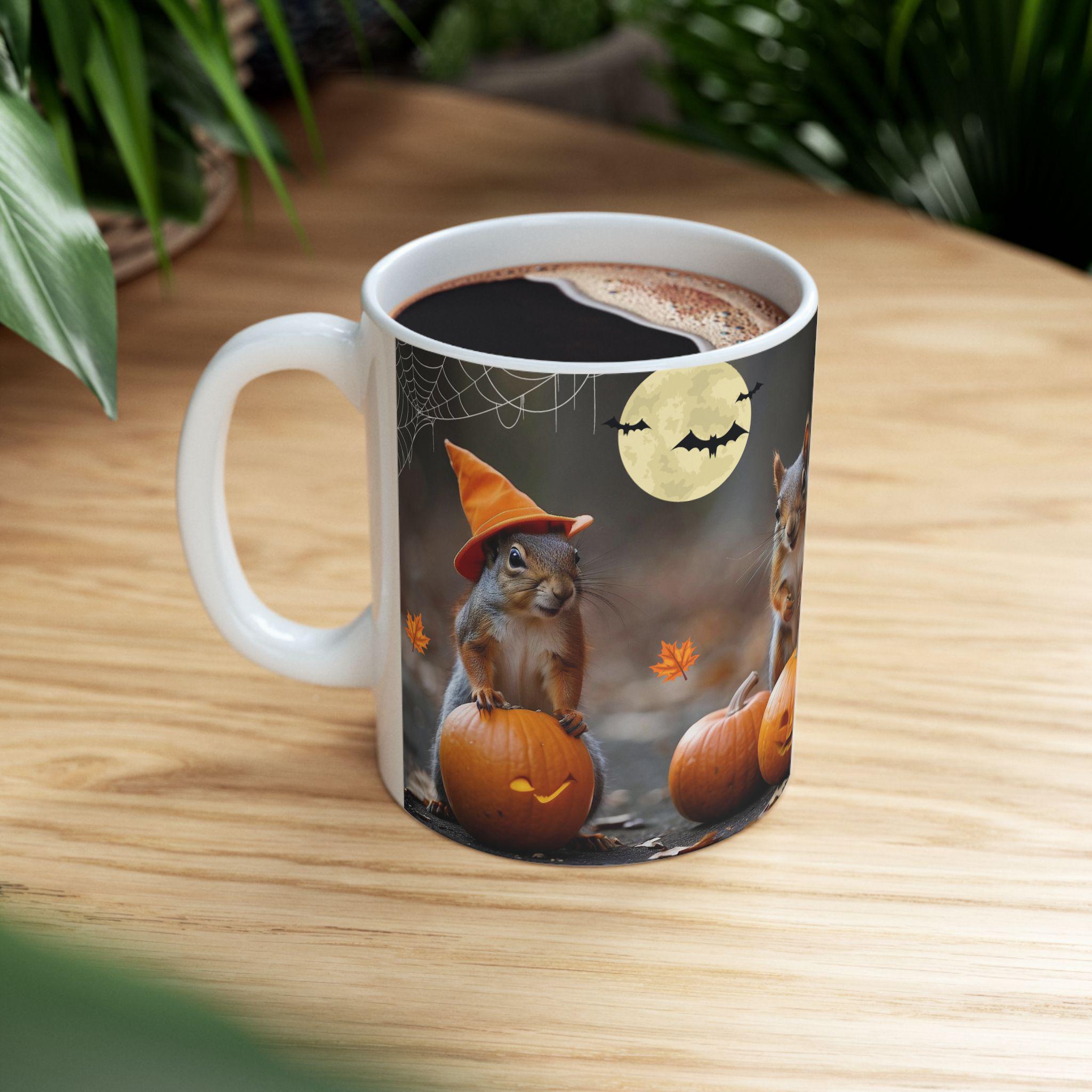 Halloween Ceramic Mug, Cute Happy Smiling Squirrels Pumpkin Carving ...