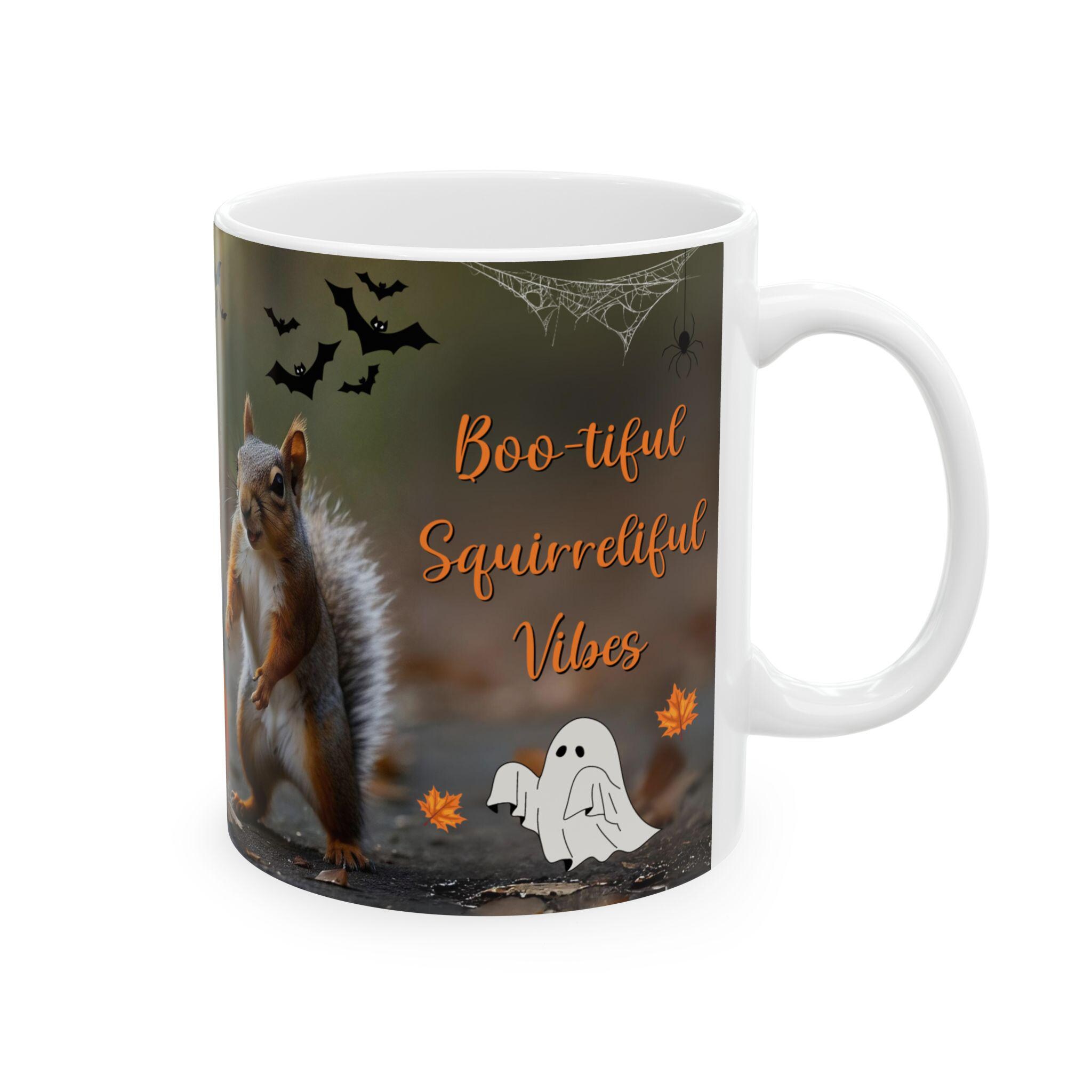 Halloween Ceramic Mug, Cute Happy Smiling Squirrels Pumpkin Carving, Boo-tiful Squirreliful ...