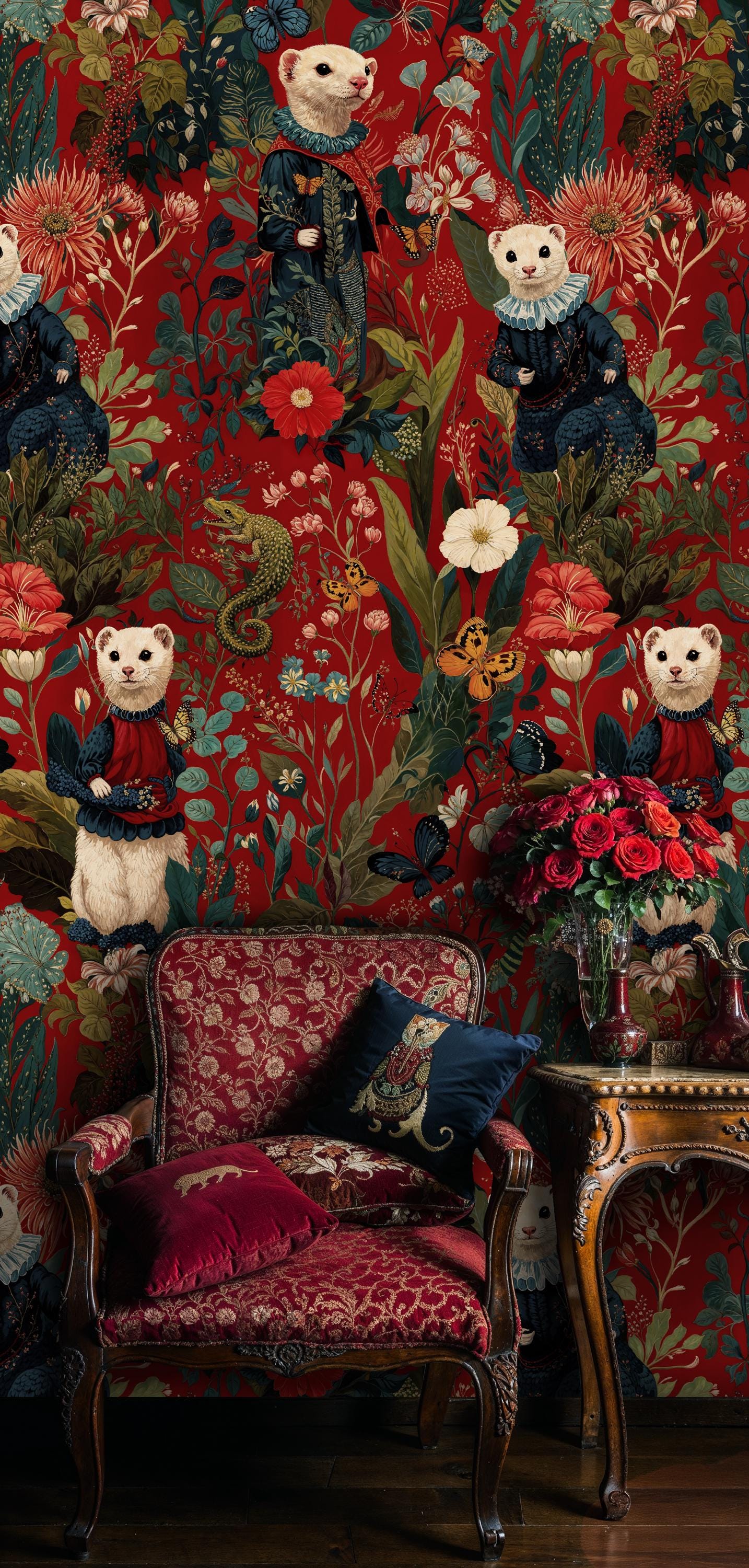 Regency Ferrets in Red Garden Mural: Whimsical Victorian Animal ...