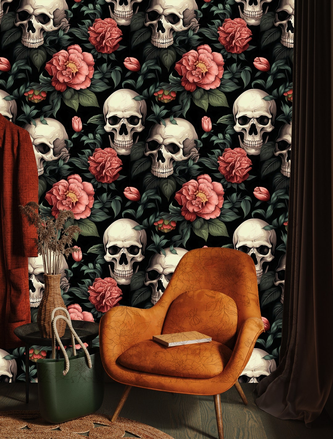 Dark Floral Skull Wallpaper: Gothic Peony Peel and Stick - Etsy