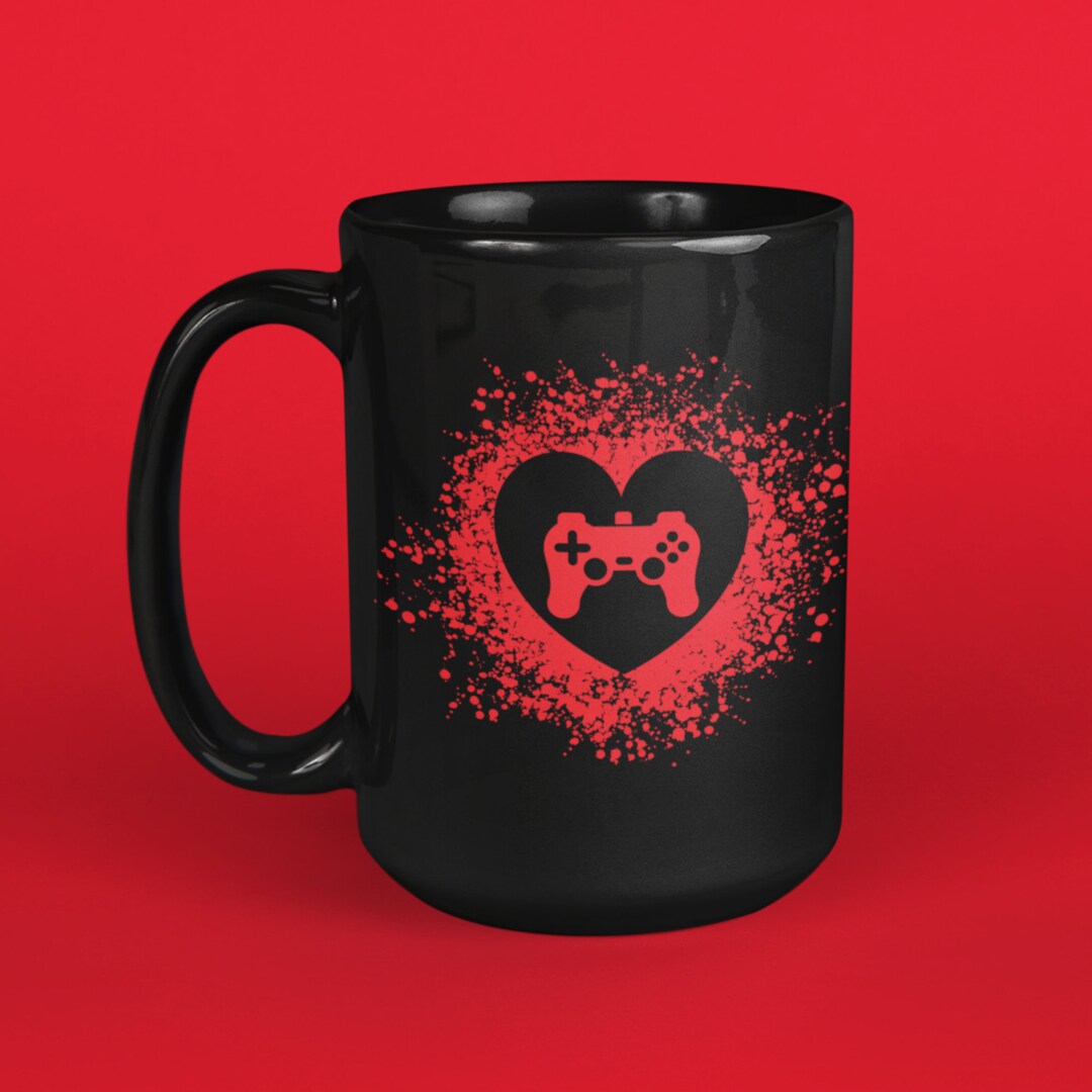 Gamer Coffee Mug, Red Splatter Heart Gamer Mug, 11oz Black Mug; Great ...