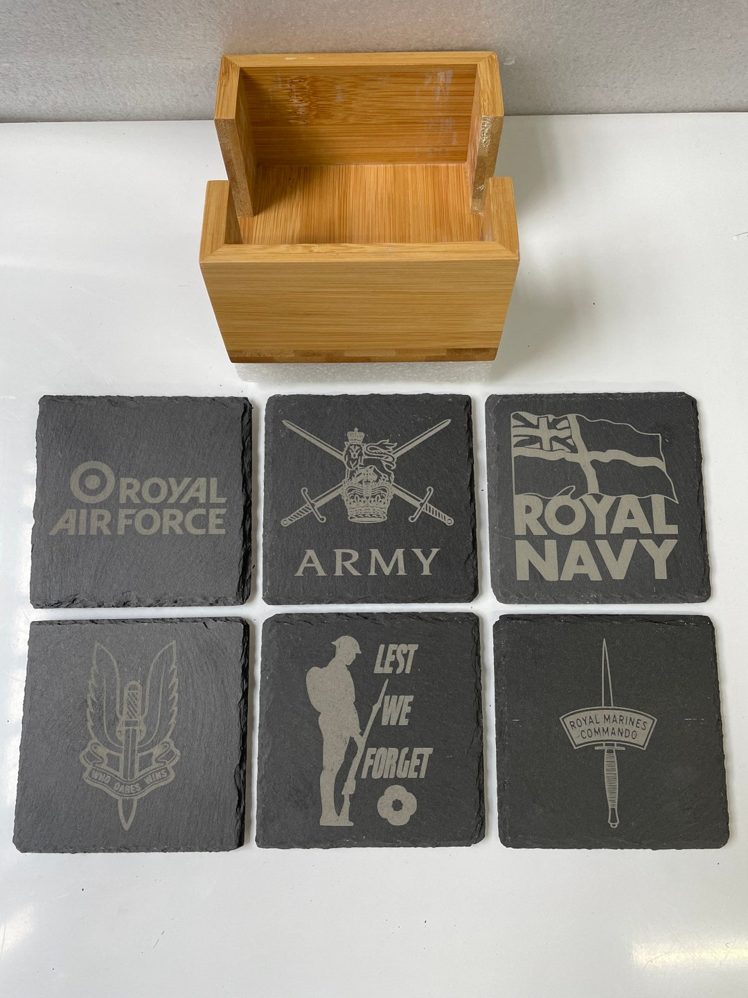 Armed Forces Military Army Slate Coasters With Personalised Bamboo Box ...