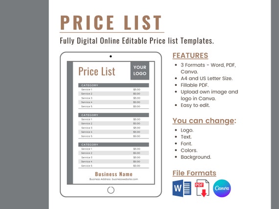 Price List Template Customisable and Editable Digital and - Etsy