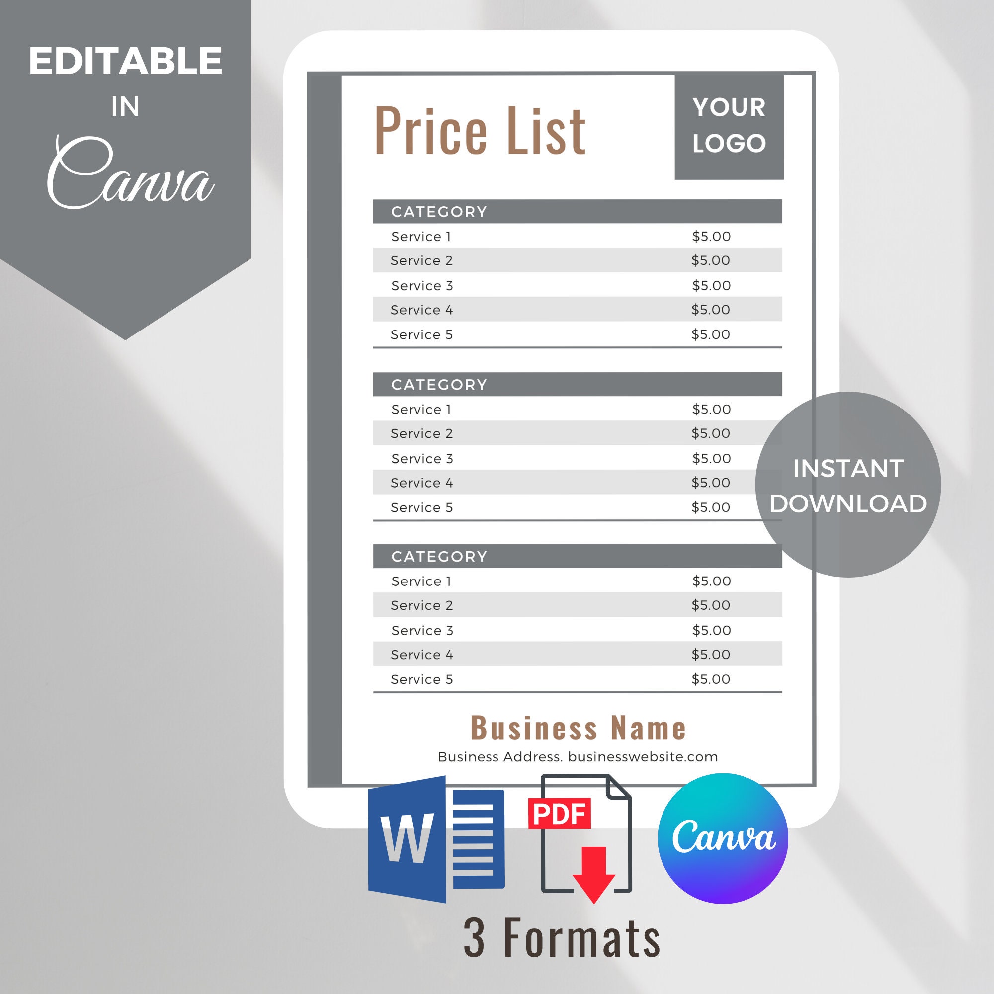 Price List Template, Customisable and Editable, Digital and Printable ...