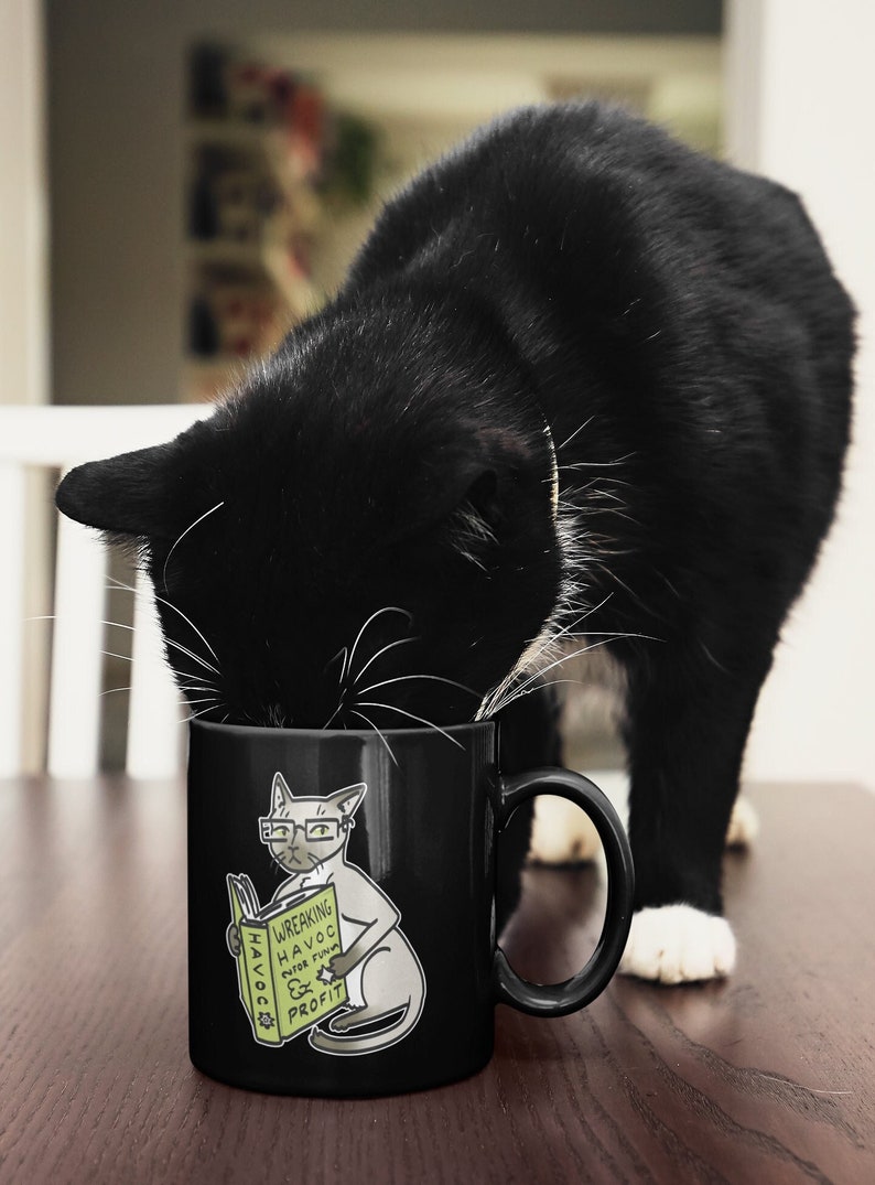 Cat Reads Wreaking Havoc for Fun and Profit Black Coffee Mug, Funny ...