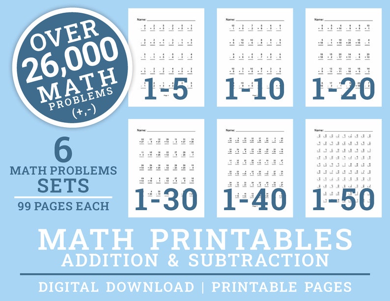 Math Printable Worksheets - Volume 1 | 6 Sets of Addition & Subtraction ...
