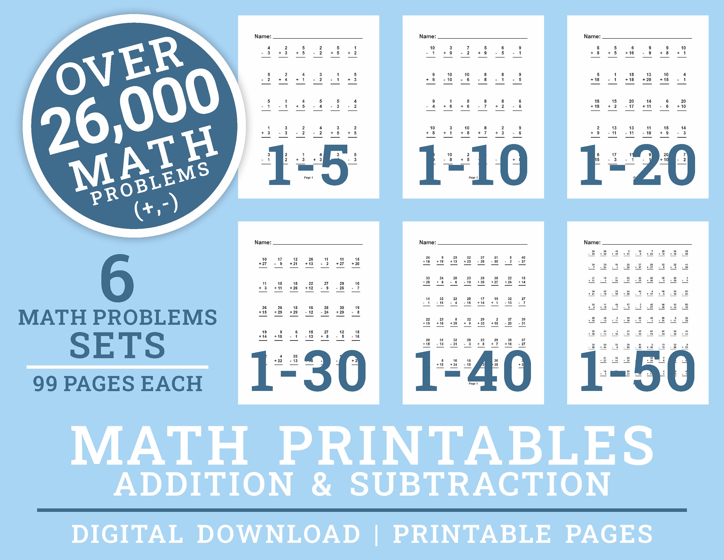 Math Printable Worksheets - Volume 1 | 6 Sets of Addition & Subtraction ...