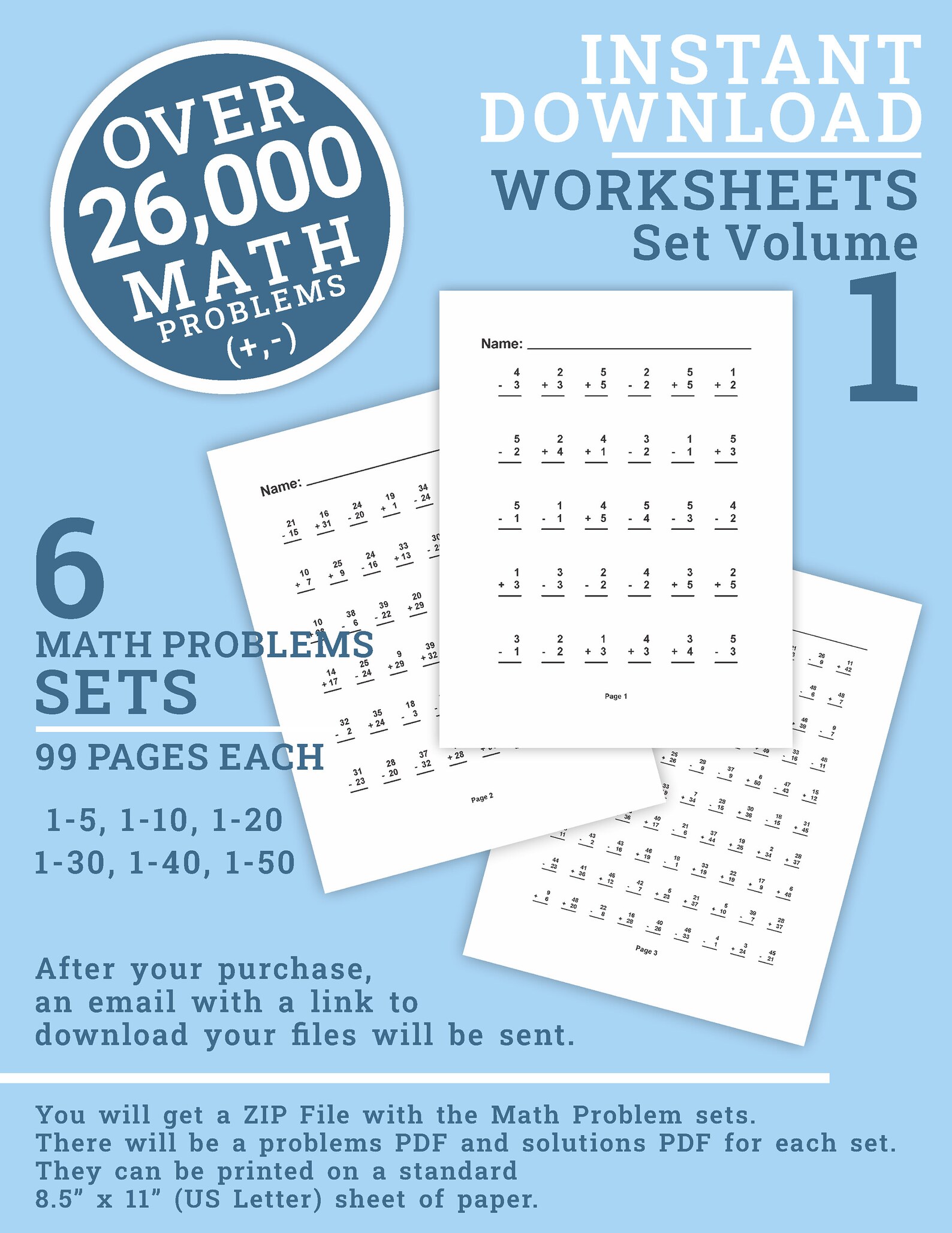 Math Printable Worksheets - Volume 1 | 6 Sets of Addition & Subtraction ...