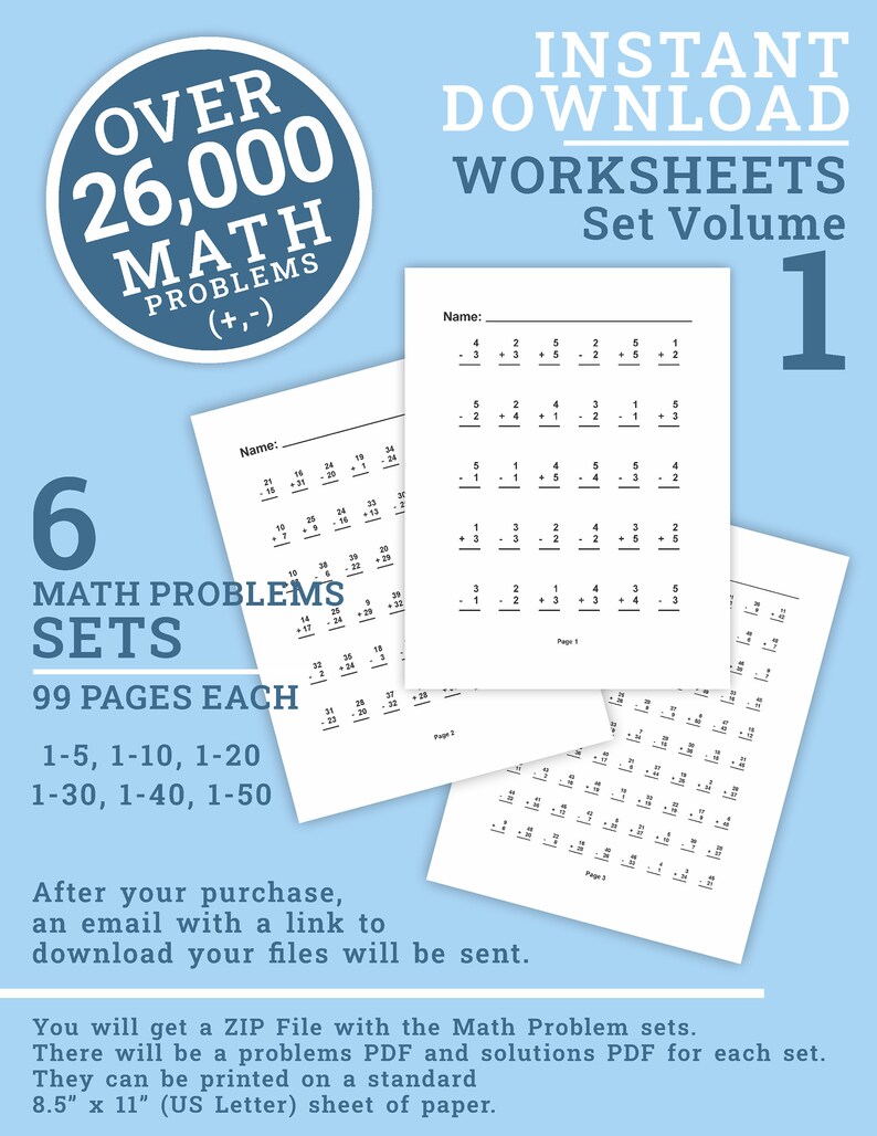 Math Printable Worksheets - Volume 1 | 6 Sets of Addition & Subtraction ...