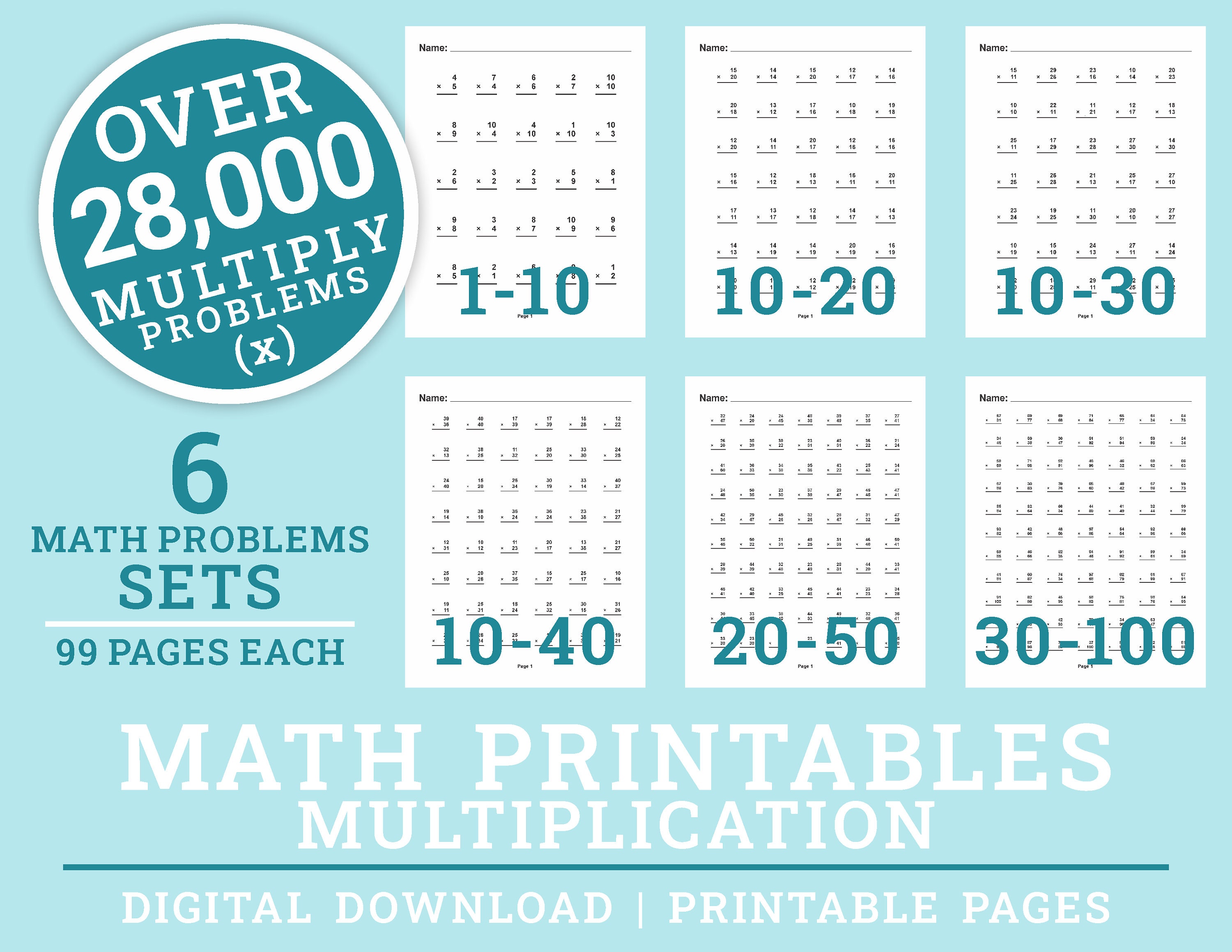 Math Printable Worksheets - Multiply - Volume 1 | 6 Sets of ...
