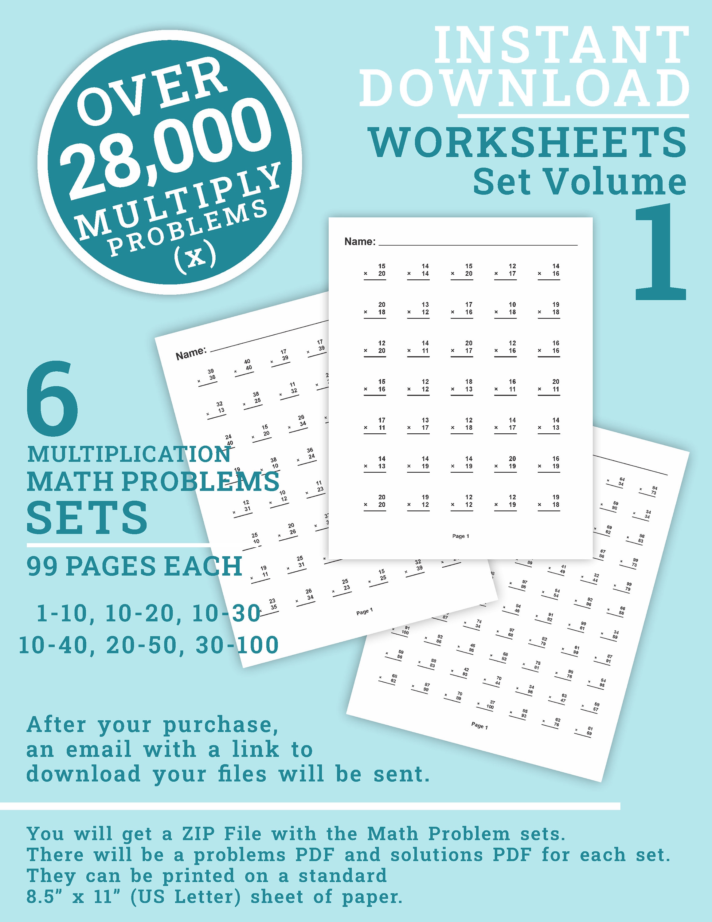 Math Printable Worksheets - Multiply - Volume 1 | 6 Sets of ...
