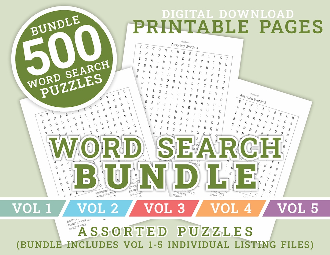 Word Search Bundle - VOLUME 1 - 5 BUNDLE | 500 Printable Puzzle Pages ...