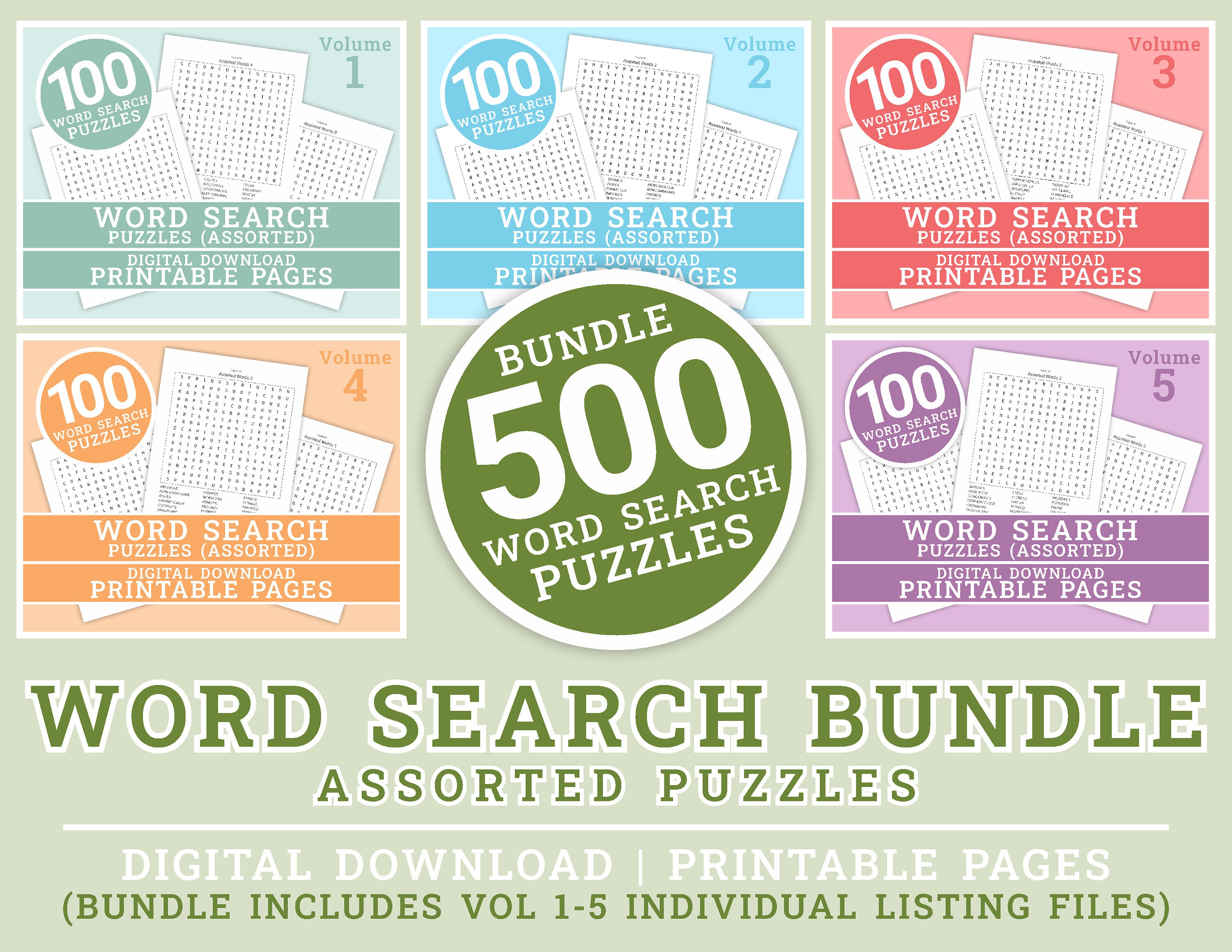 Word Search Bundle - VOLUME 1 - 5 BUNDLE | 500 Printable Puzzle Pages ...