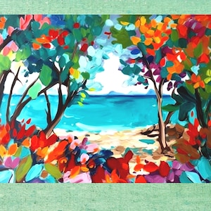 Grenada Art Painting of Beach Scene With Flowers, Caribbean Print Gift ...