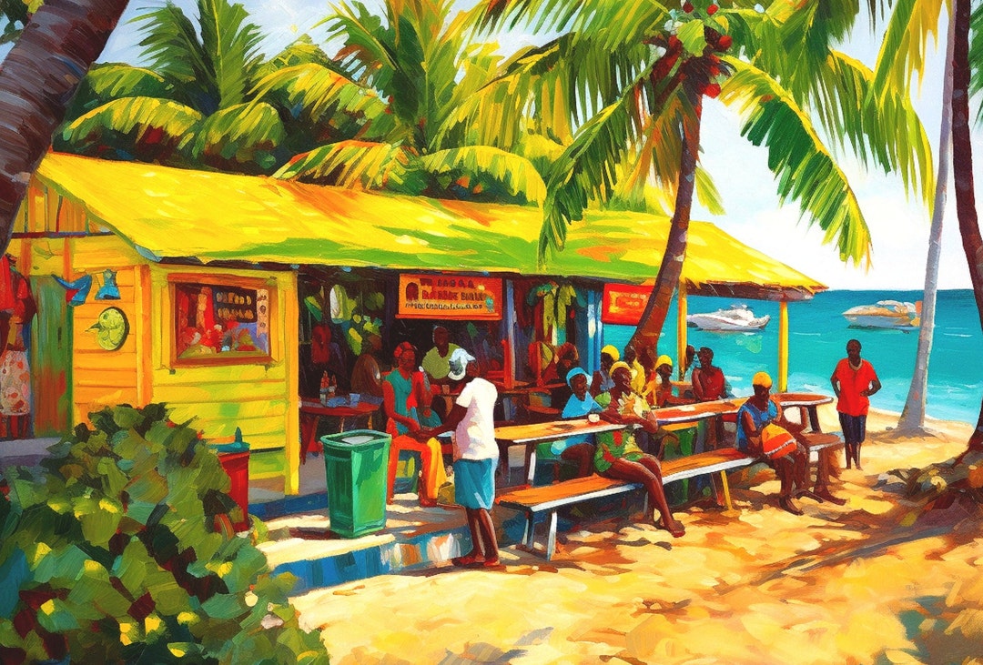 Caribbean Print of Beach Bar in Jamaica, Yellow and Green With Blue Sea ...