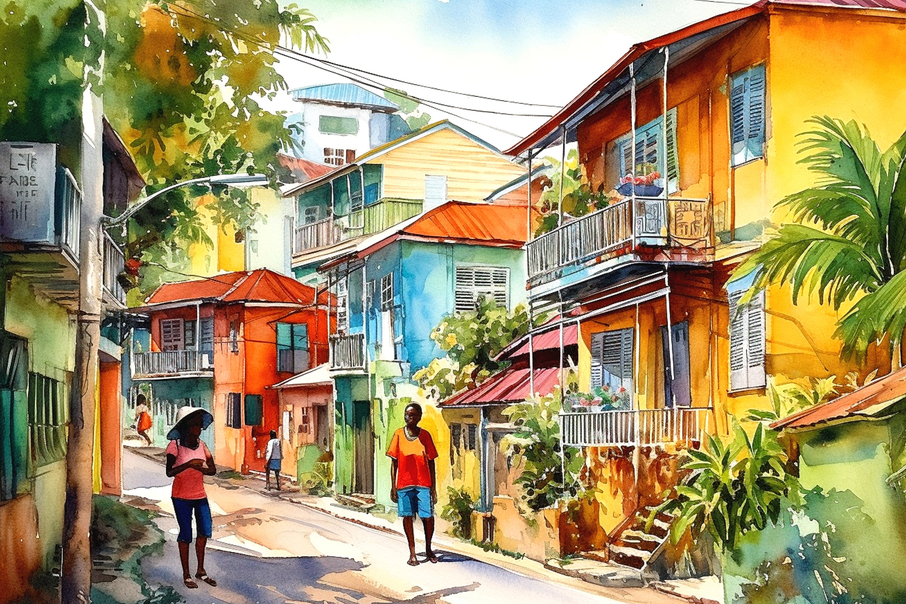 Grenada Art Sketch of Street Scene, Caribbean Poster Print, Pen and ...