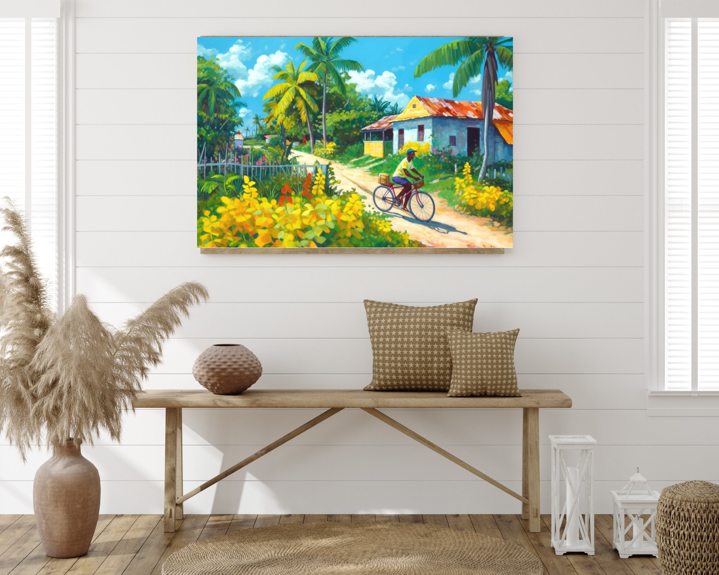 Tobago Art, Man on Bicycle in Flowers, Caribbean Art Print, Caribbean ...