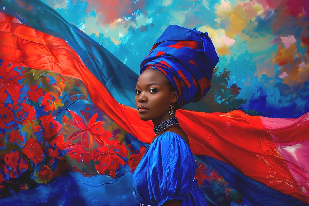 Haiti Poster Print of Haitian Woman Wearing Haitian Flag Colors of Blue ...