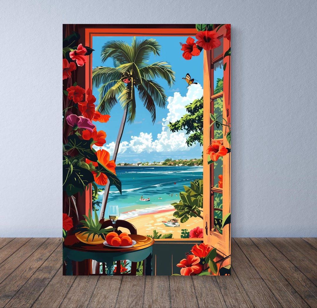 Barbados Art Window View – Tropical Beach Scene With Hibiscus Frame ...