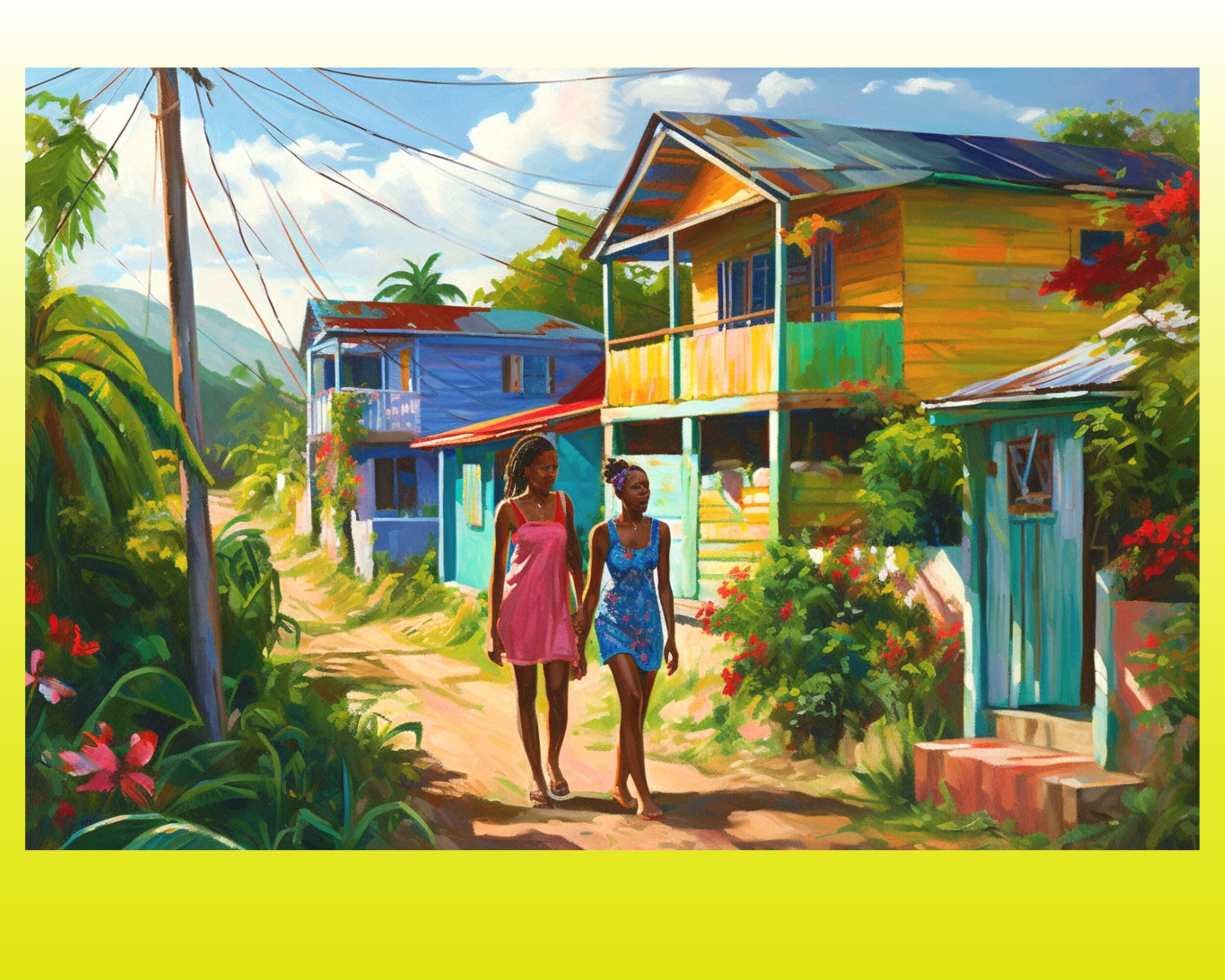St Lucia Art, Girls Walking Down Lane in St Lucia, Caribbean Wall Art ...